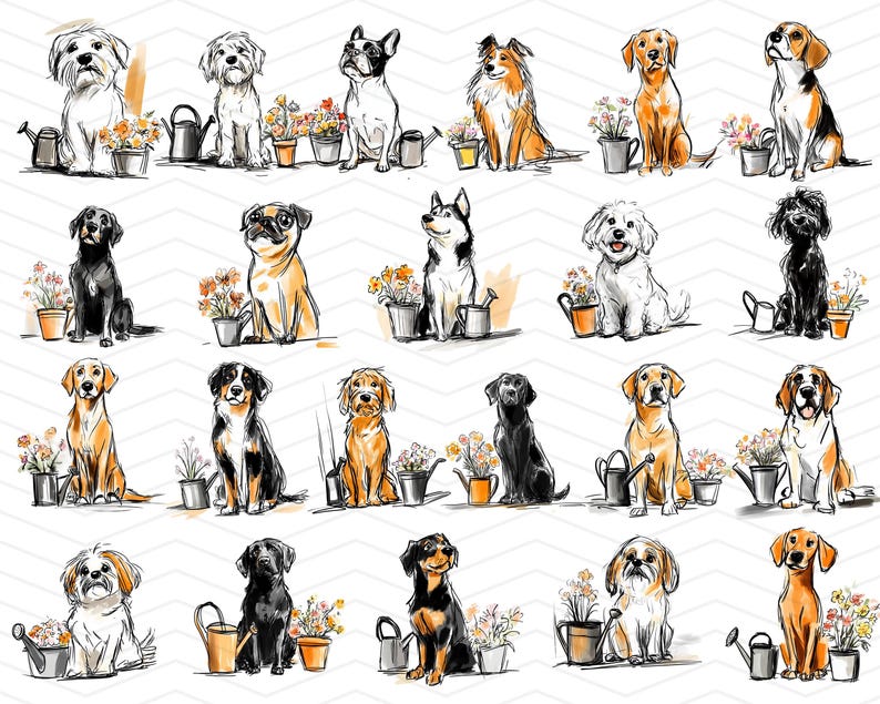 Dog Clipart Bundle, Spring Garden Dog Puppy Clipart, Watercolor ...