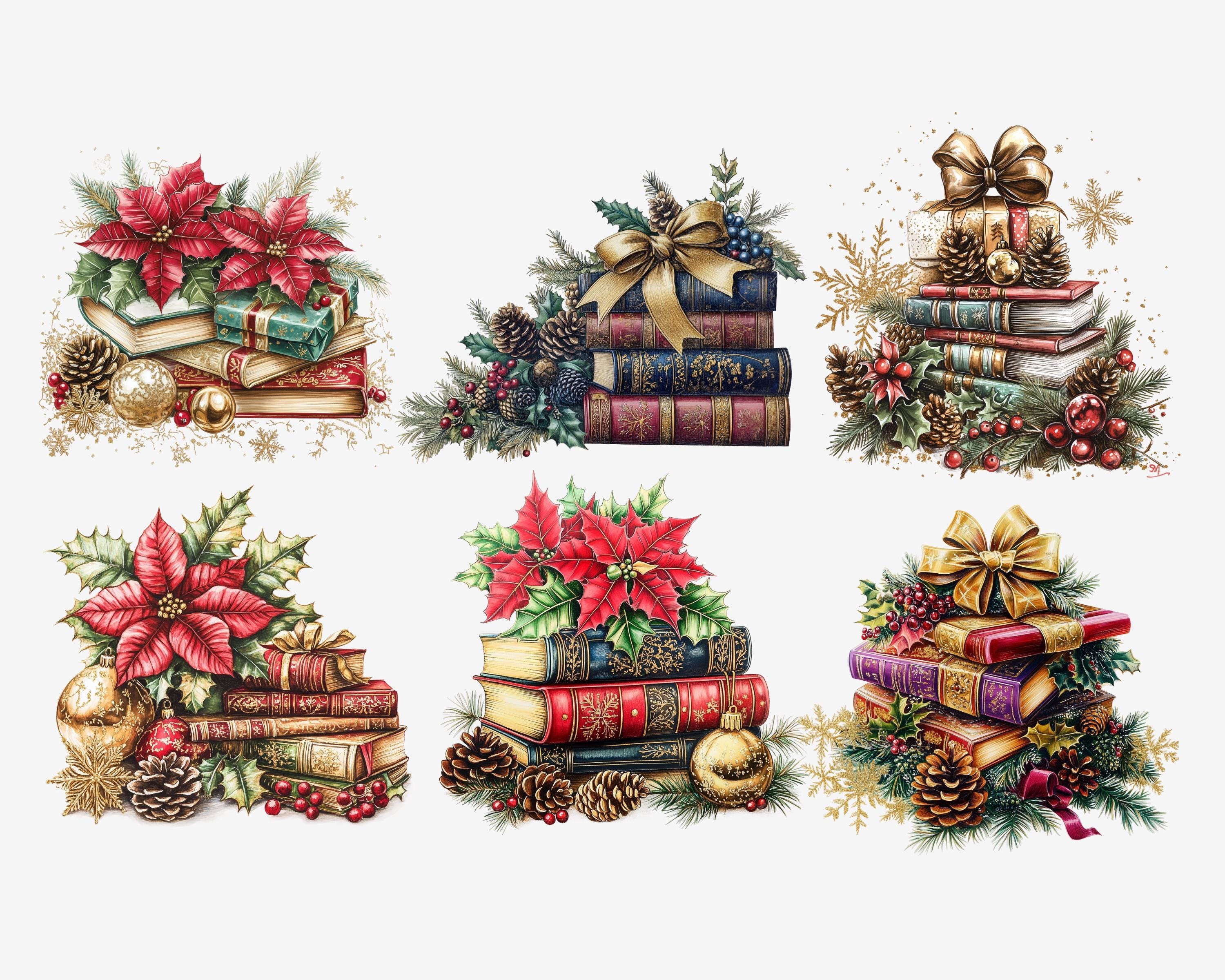 Watercolor Christmas Books Clipart, Festive Book Clipart, Book, Reading ...