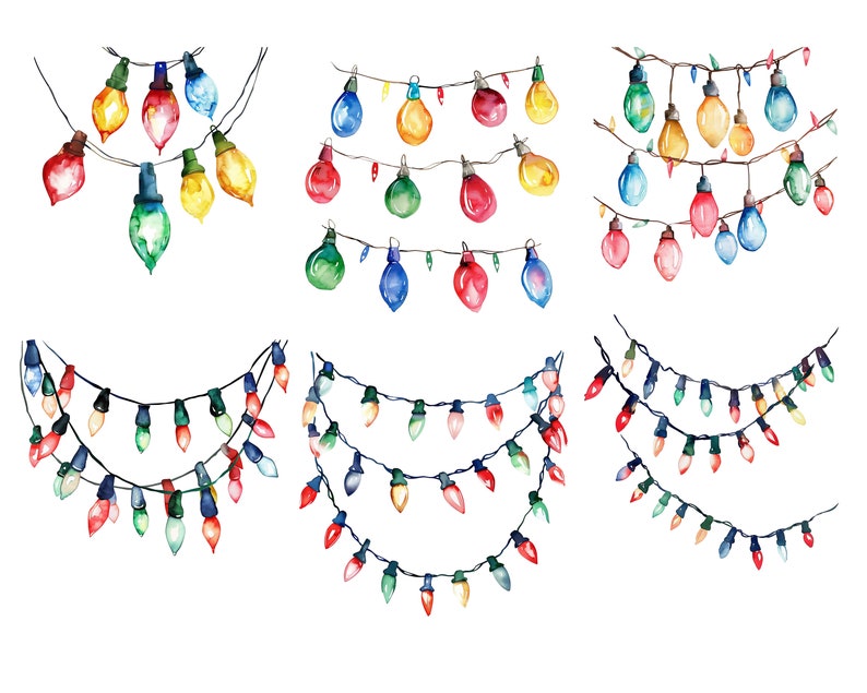 Watercolor Christmas Lights Clipart, String Lights Clipart, Xmas Lights ...