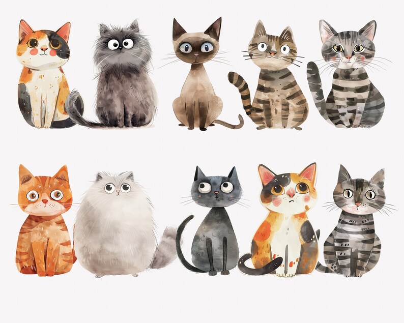 Cat Clipart Bundle, Quirky Cat Kitten Clipart, Watercolor Cats, Cute ...