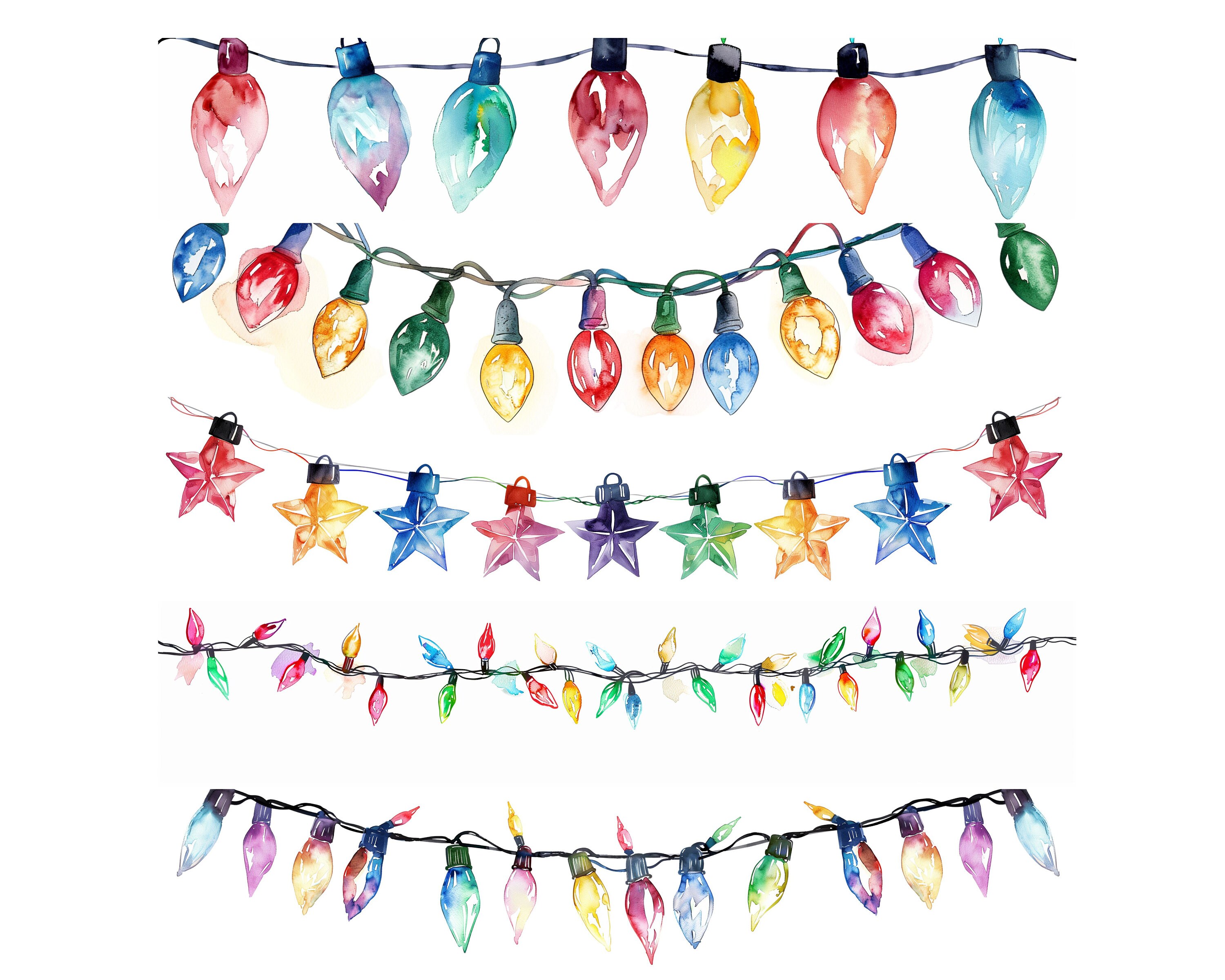 Watercolor Christmas Lights Clipart, String Lights Clipart, Xmas Lights ...