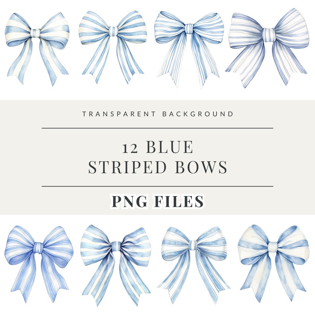 Blue Striped Coquette Bow Clipart, Watercolor Bow Ribbon Bridal Clipart ...