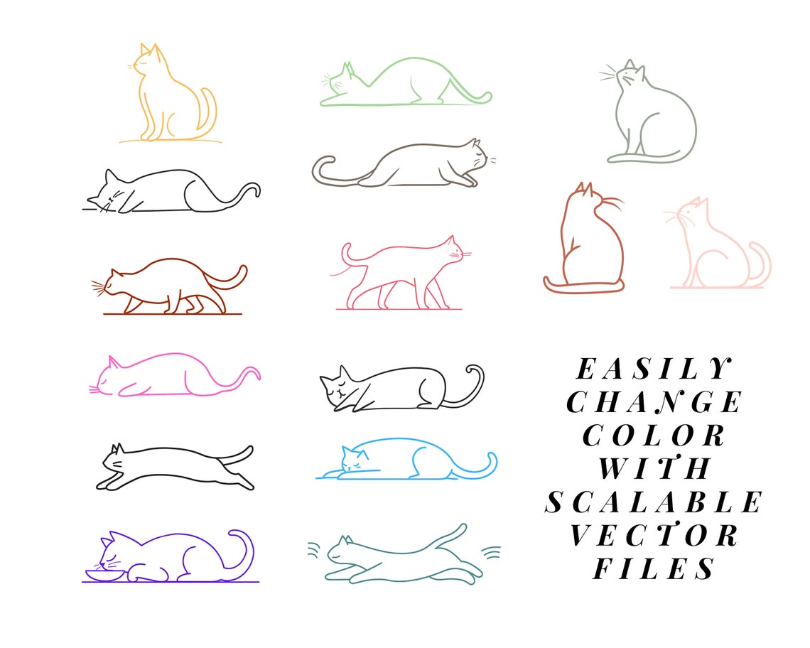 Cats Line Art SVG Bundle Cut Files, Minimalist Cat Clip Art, Black and ...