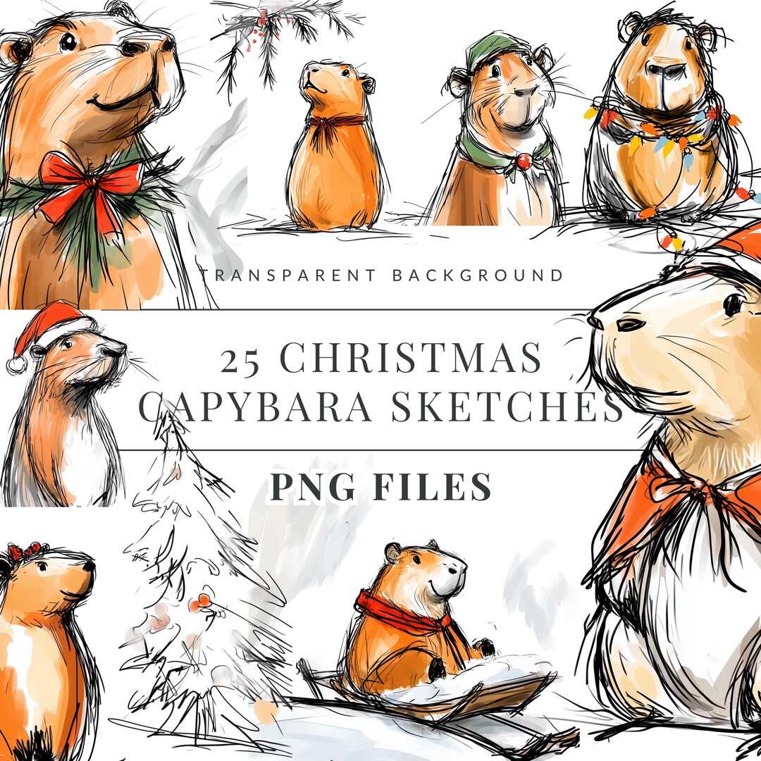Capybara Clipart Bundle, Christmas Capybara Clipart, Capybara Sketches ...