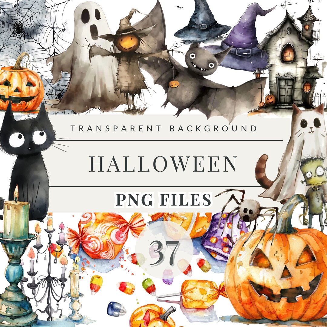 Halloween Clipart Bundle Set, Watercolour Halloween Clipart, Halloween ...