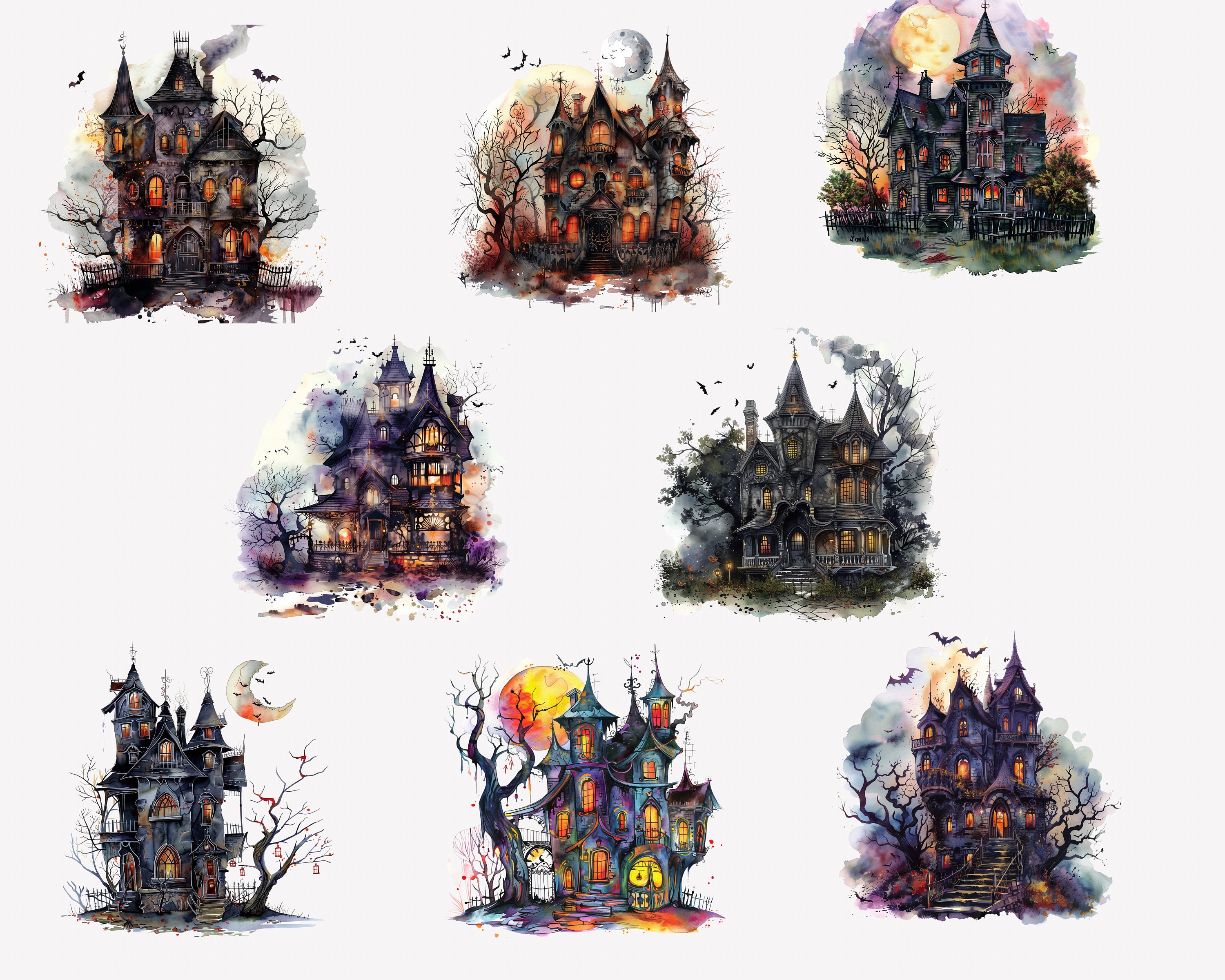 Halloween Houses Watercolor Clipart Bundle, Haunted House Clipart ...
