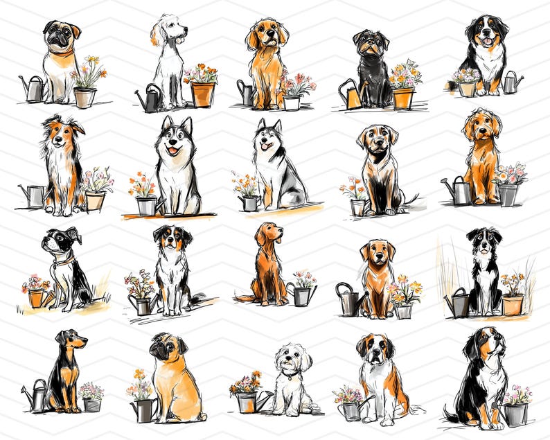Dog Clipart Bundle, Spring Garden Dog Puppy Clipart, Watercolor ...