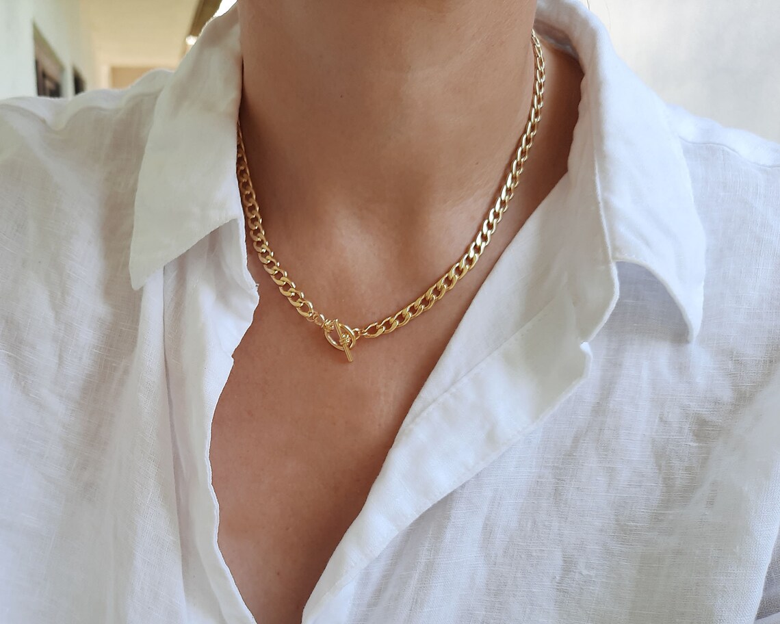 Gold T Bar Chunky Flat Curb Chain Necklace Toggle Clasp Thick - Etsy