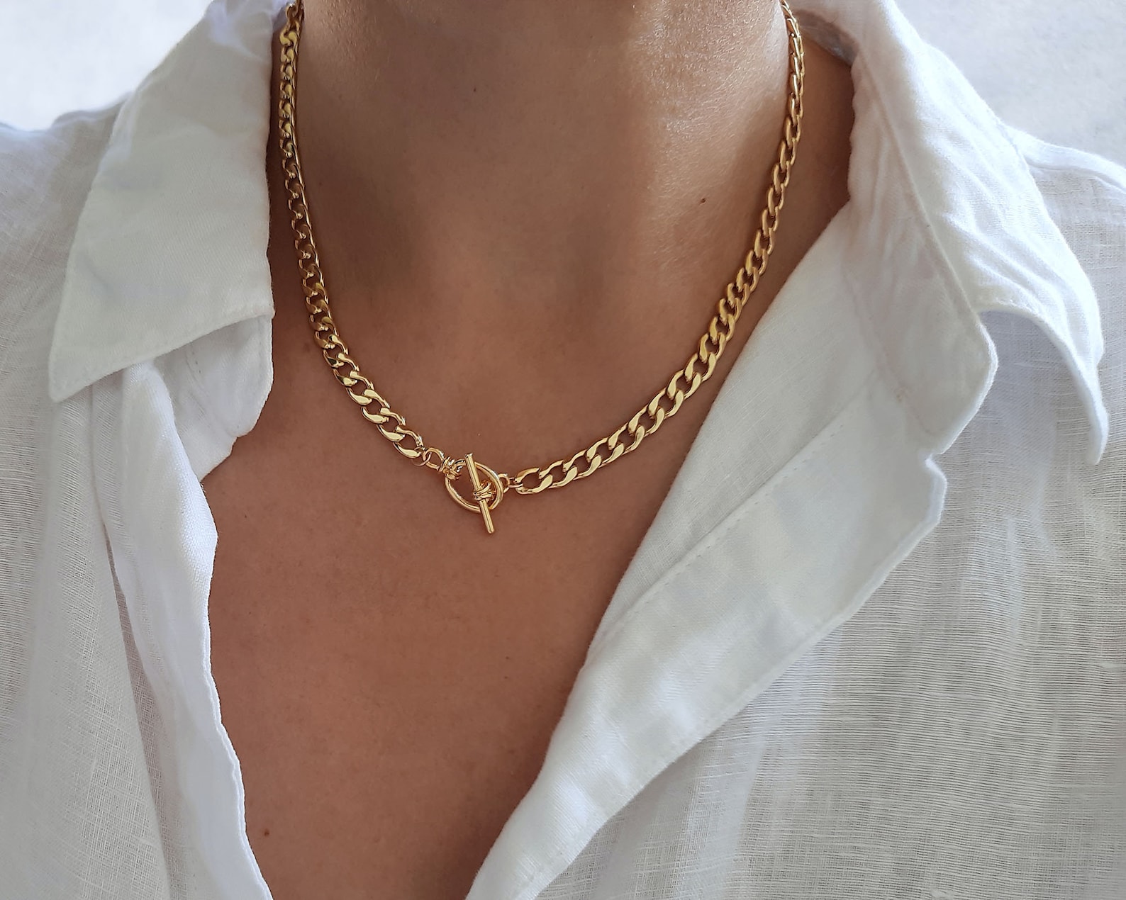 Gold T Bar Chunky Flat Curb Chain Necklace Toggle Clasp Thick - Etsy