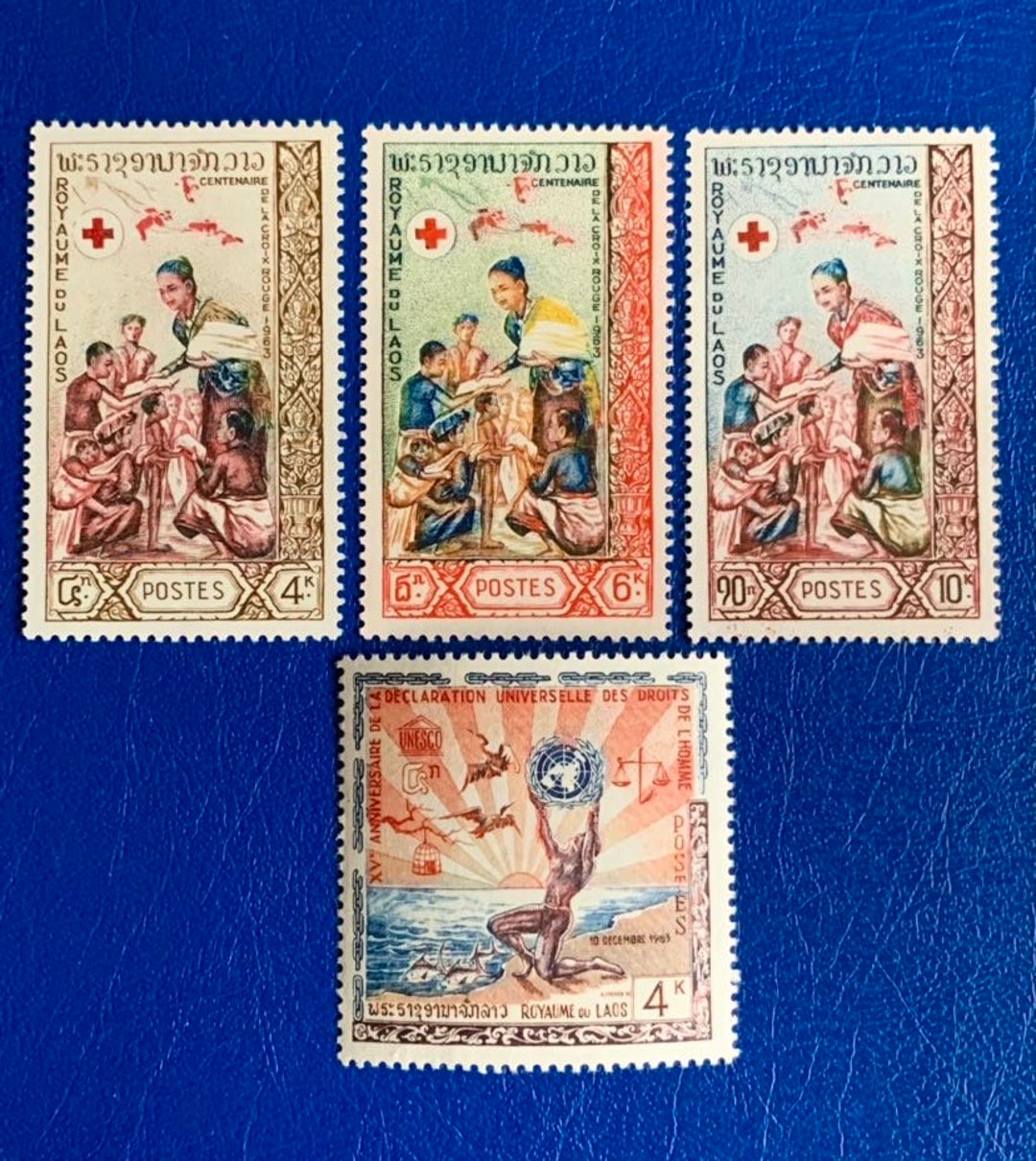 Laos Original Vintage Postage Stamps 1963 Red Cross & Human Rights for ...