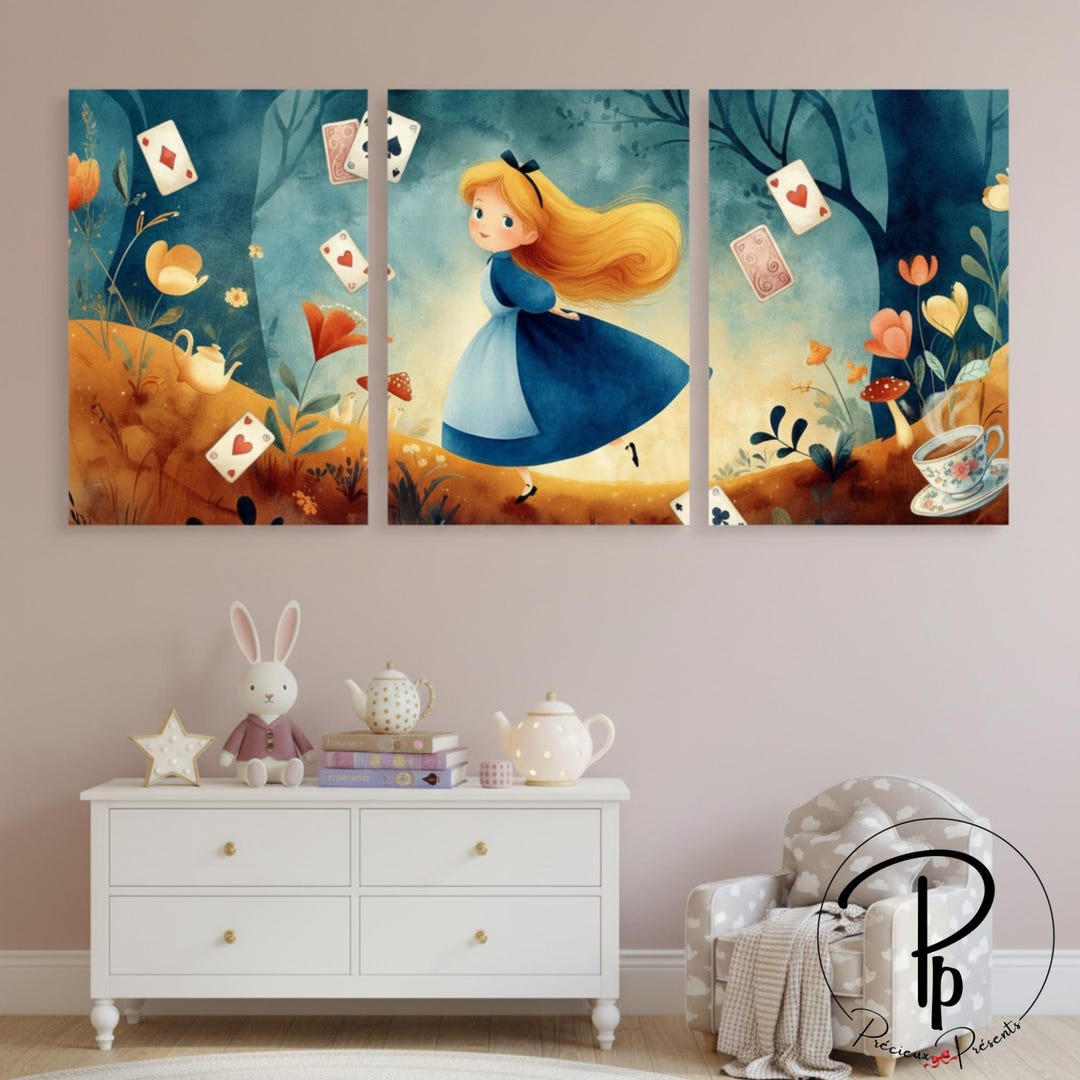 Alice in Wonderland Triptych, Children's Watercolor Painting, Canvas on ...