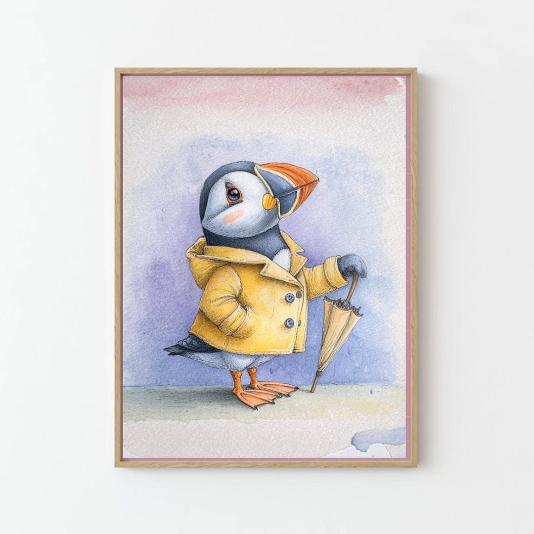 Digital Poster of a Puffin in a Yellow Raincoat, Watercolor Print, Baby ...