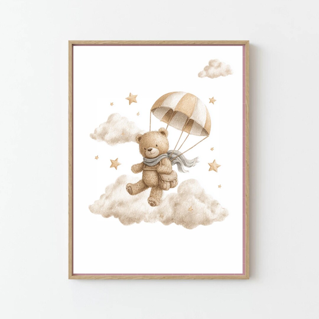Dreamy Parachuting Teddy Bear Digital Poster Watercolor | Baby/child ...