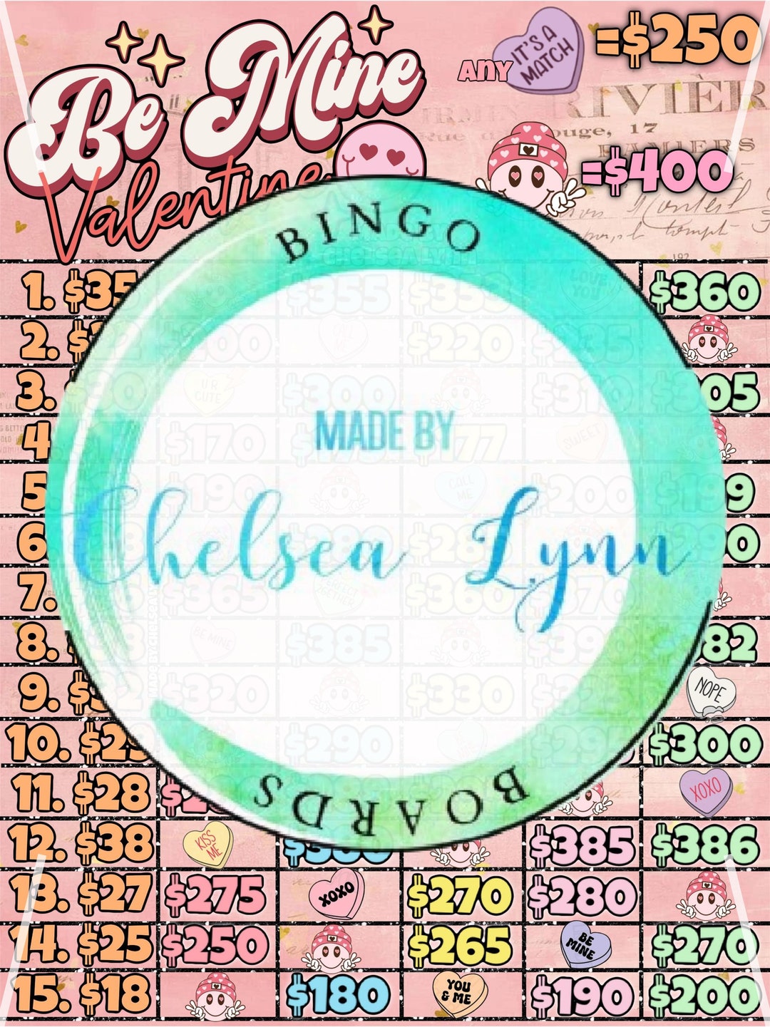 Be Mine Valentines Day PYP Bingo Board 1-15 400 in Every Row or 250 in ...