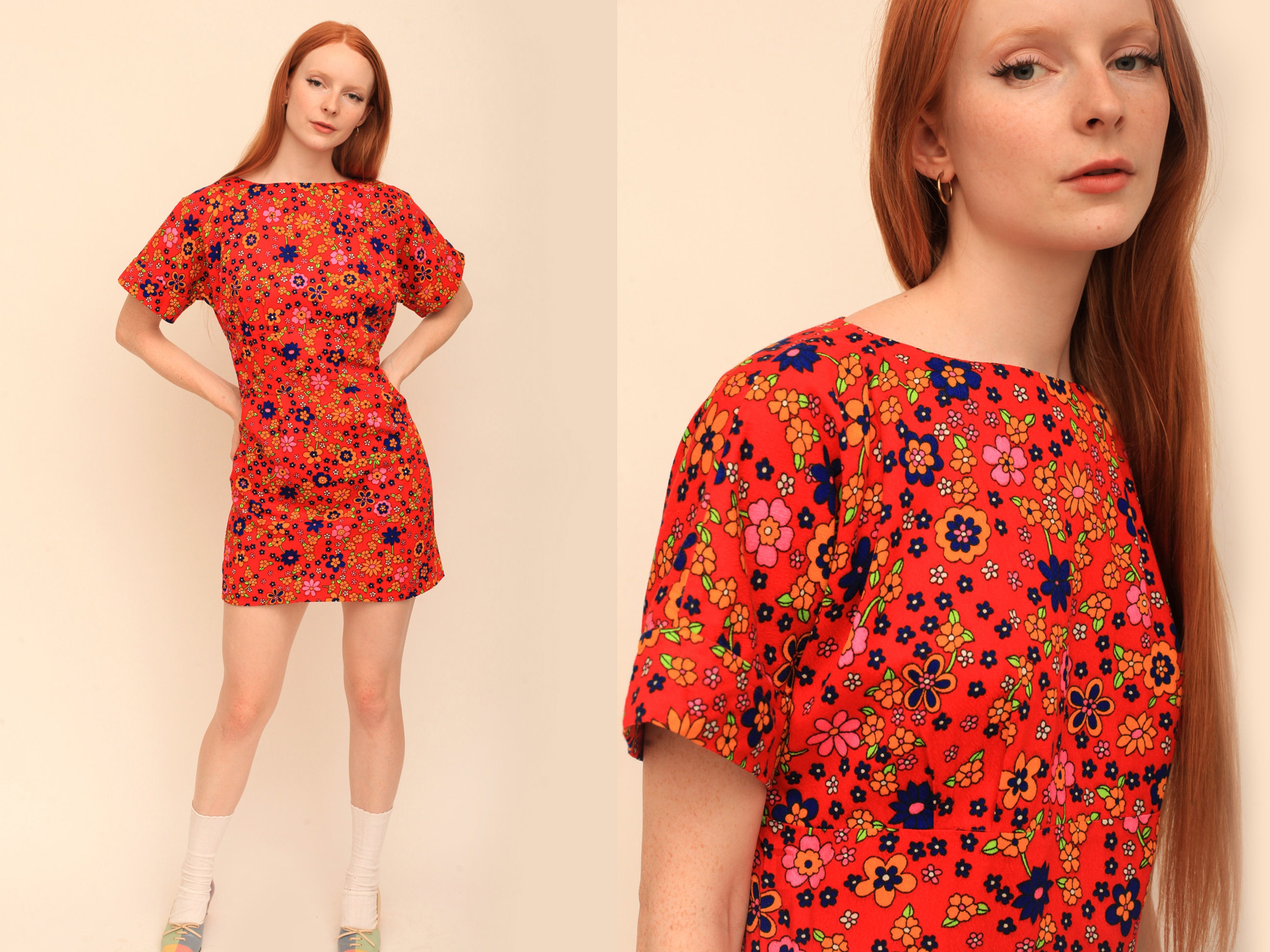 Vintage 1970s 70 Red Technicolor Psychedelic Floral Mini Dress - Etsy