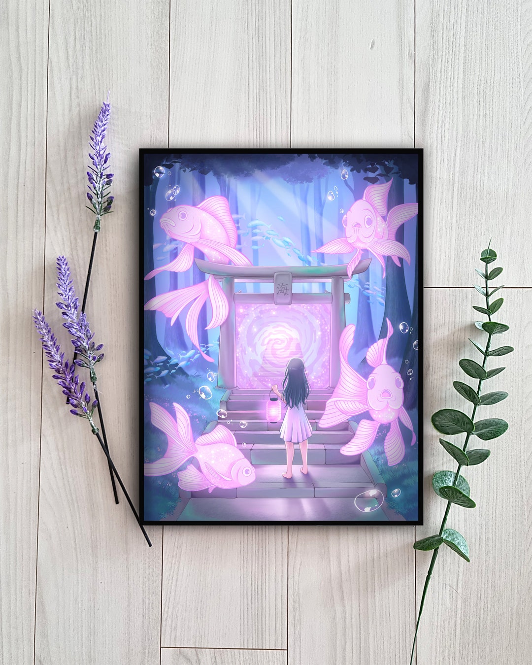 Ocean Shrine Art Print, Anime Girl Kawaii Pastel Aesthetic, Surreal Art ...