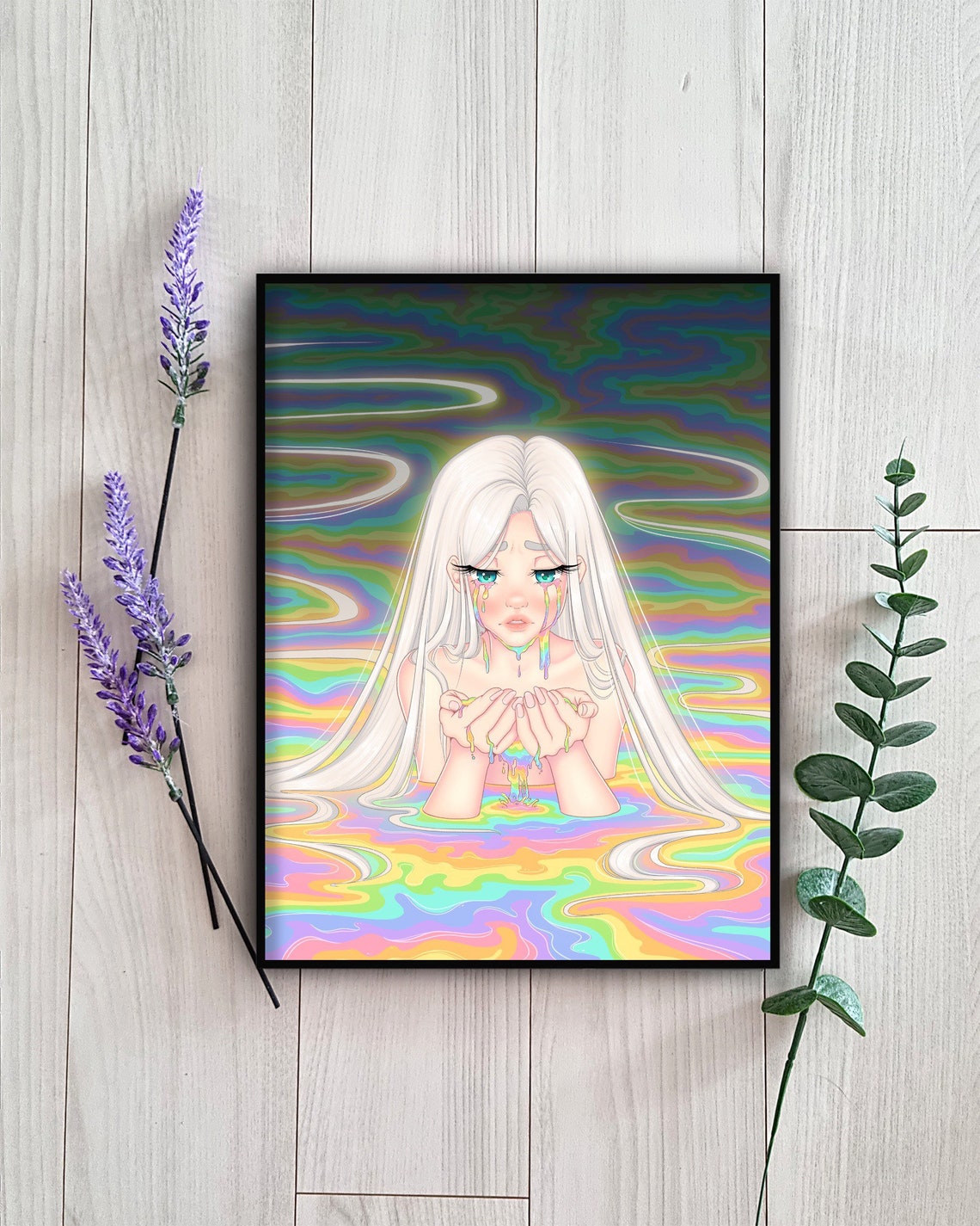 Rainbow Tears Art Print Kawaii Anime Girl Pastel Aesthetic - Etsy