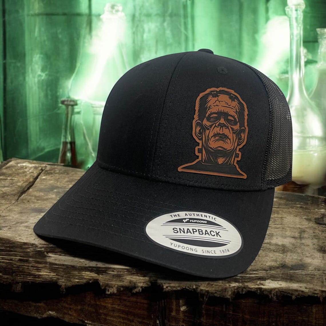 Frankenstein's Monster Trucker Hat | Genuine Leatherette Patch Hat ...