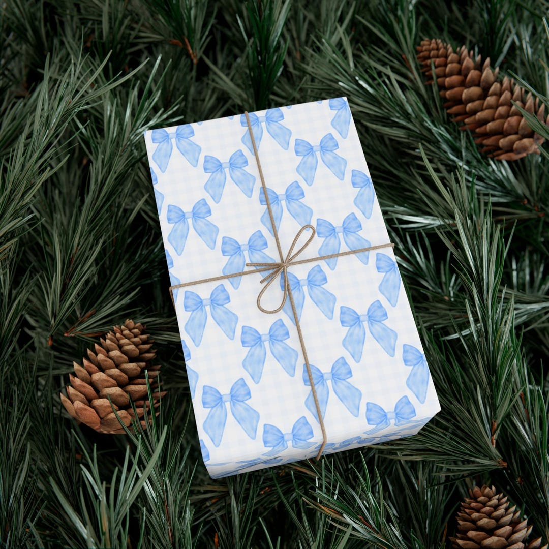 Coquette Blue Bow Gift Wrap, Blue Gingham and Bows Grand Millennial ...
