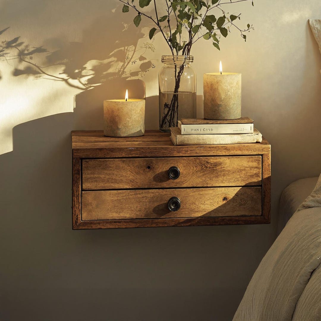 Handmade Floating Nightstand With Drawer Natural Wood Bedside Shelf ...