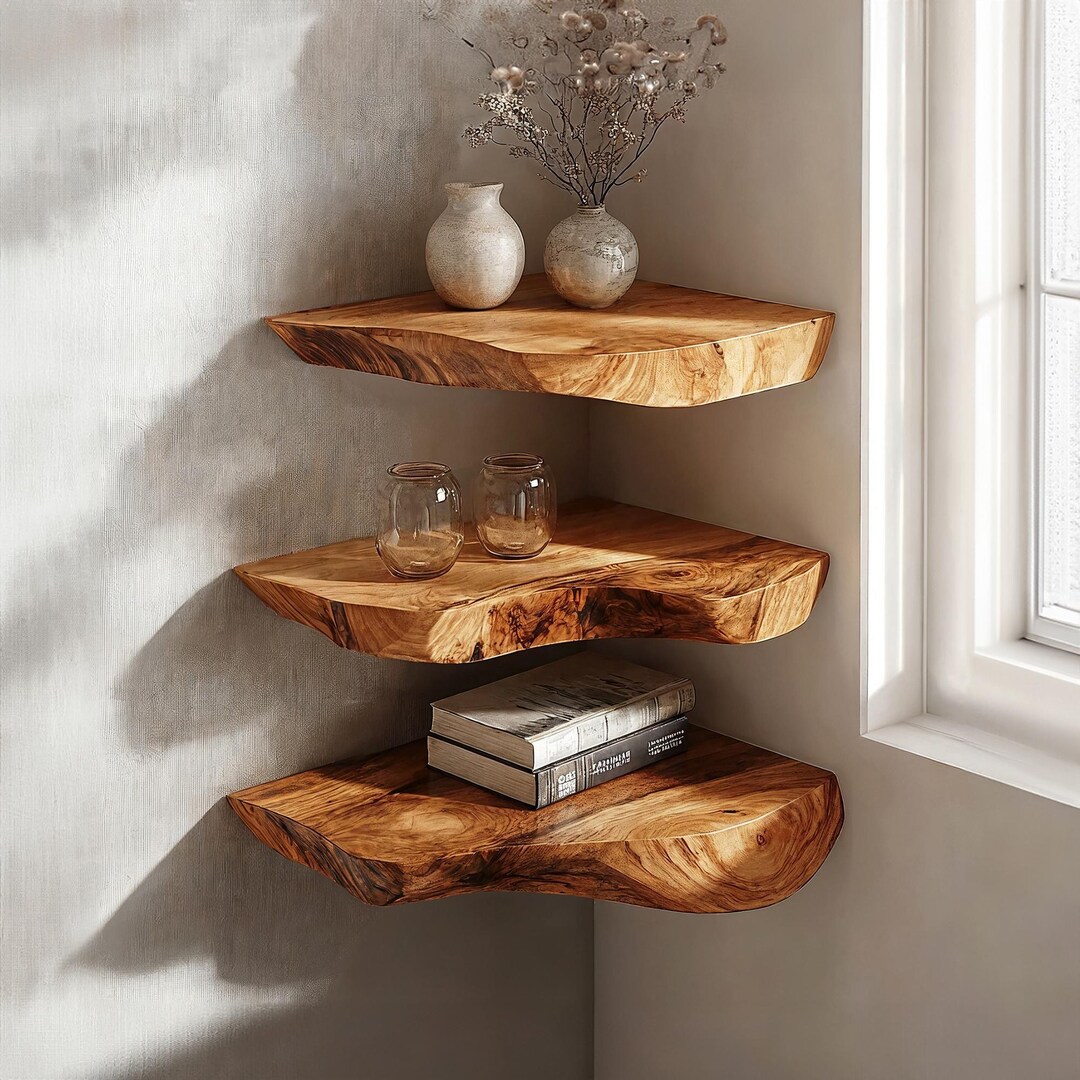 Floating Corner Shelf Live Edge Floating Shelf Bookshelf Decorations ...