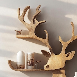 Handcrafted Wooden Deer Head Wall Shelf Rustic Floating Bookshelf ...
