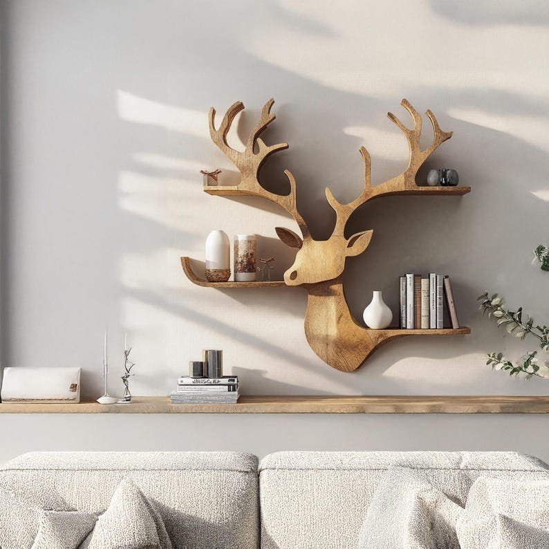 Handcrafted Wooden Deer Head Wall Shelf Rustic Floating Bookshelf ...