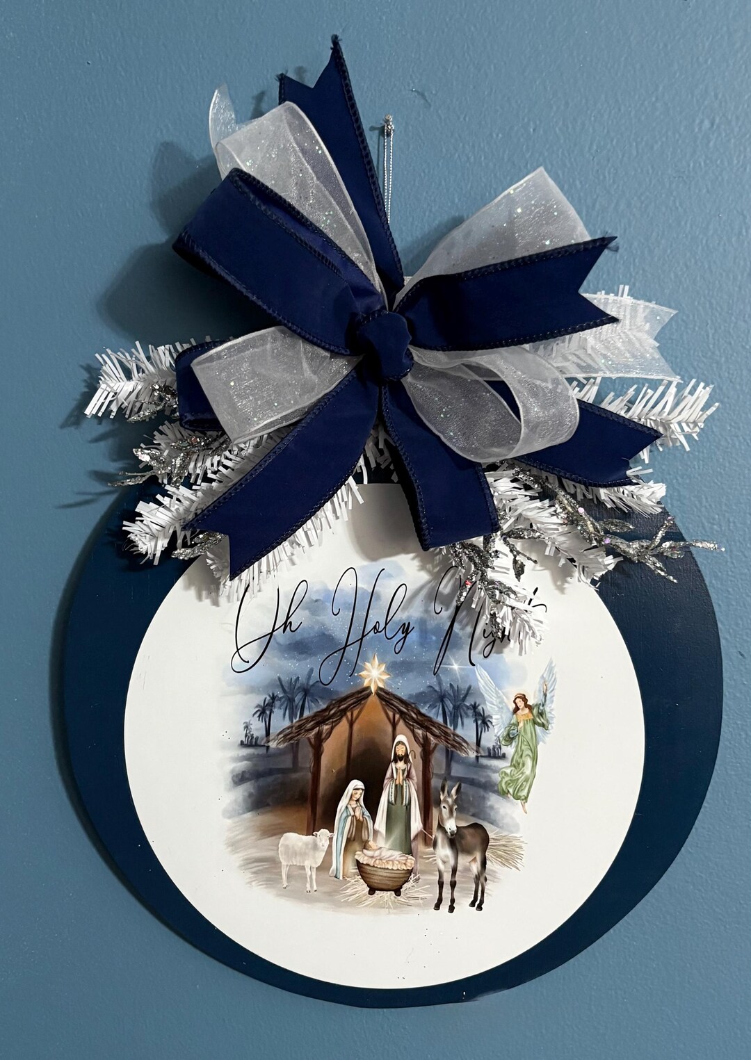 Navy Blue Manger Scene Christmas Door Hanger | Nativity Home Decoration ...
