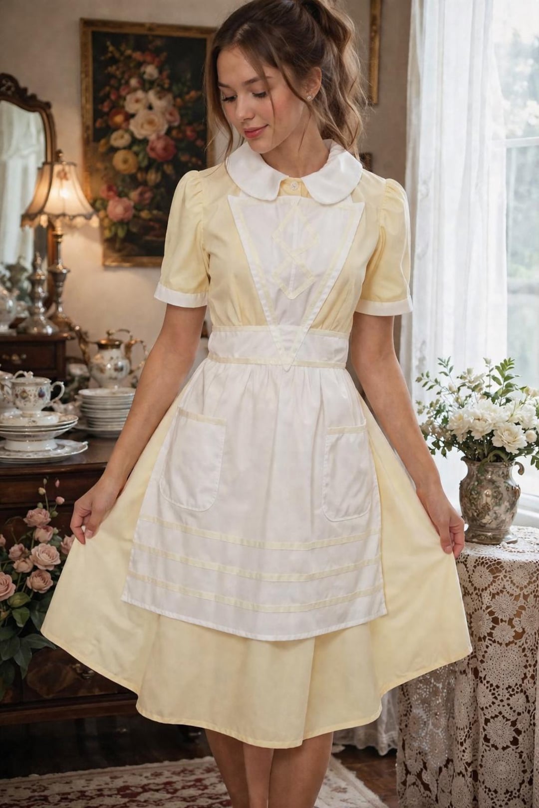 Waitress Dress Costume Halloween Uniform Yellow Retro Diner Dress Pinup ...