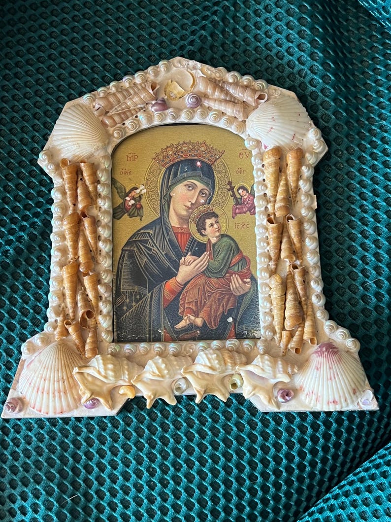 Antique Victorian Seashell Frame With Our Lady of Perpetual Succor Art ...