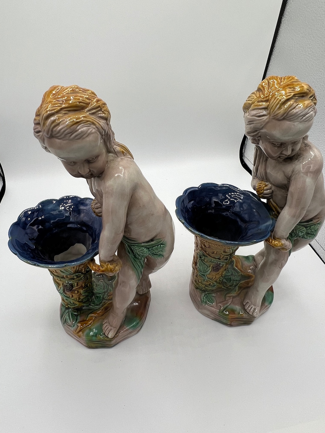 Pair of “minton Style” Reproduction Pottery Majolica Putti With Basket ...