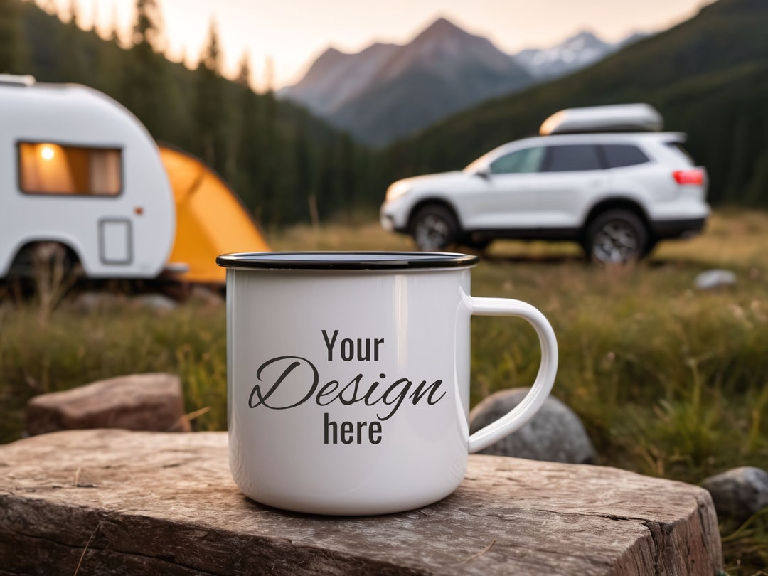 Premium Enamel Mug Mockup. White Outdoor Camp Mug. Customise Print on ...