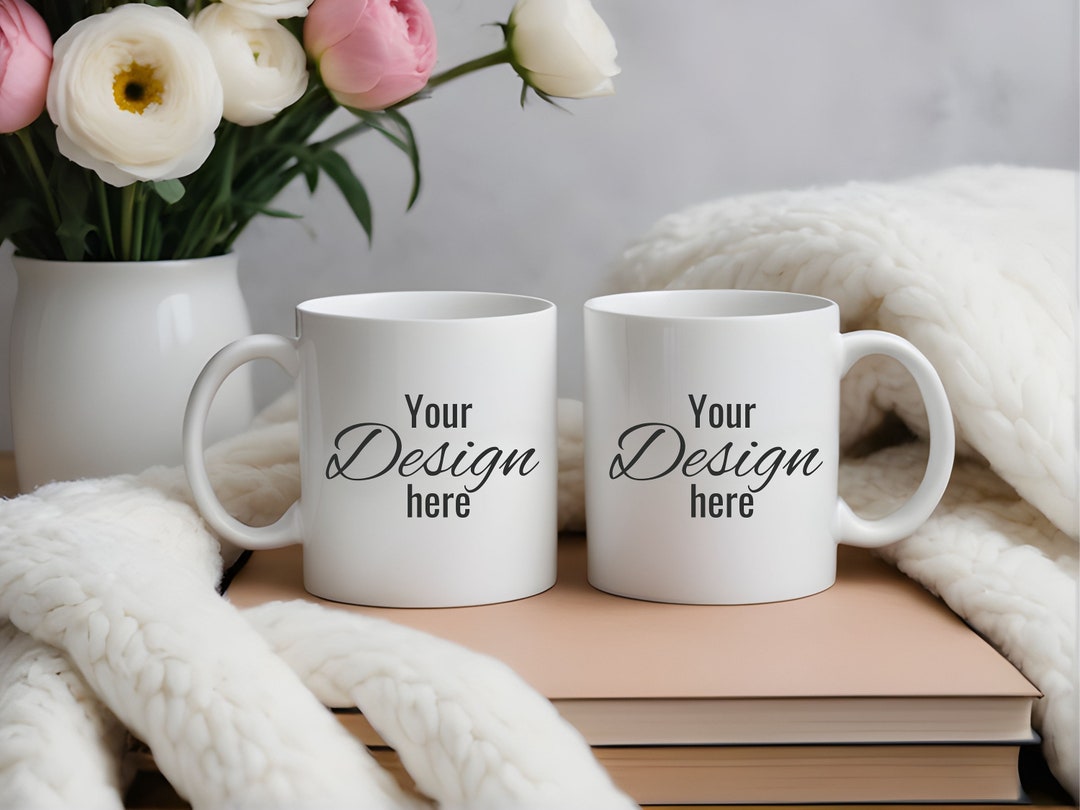 Two Mugs Mockup for Print on Demand. Left and Right Handle, Both Side ...