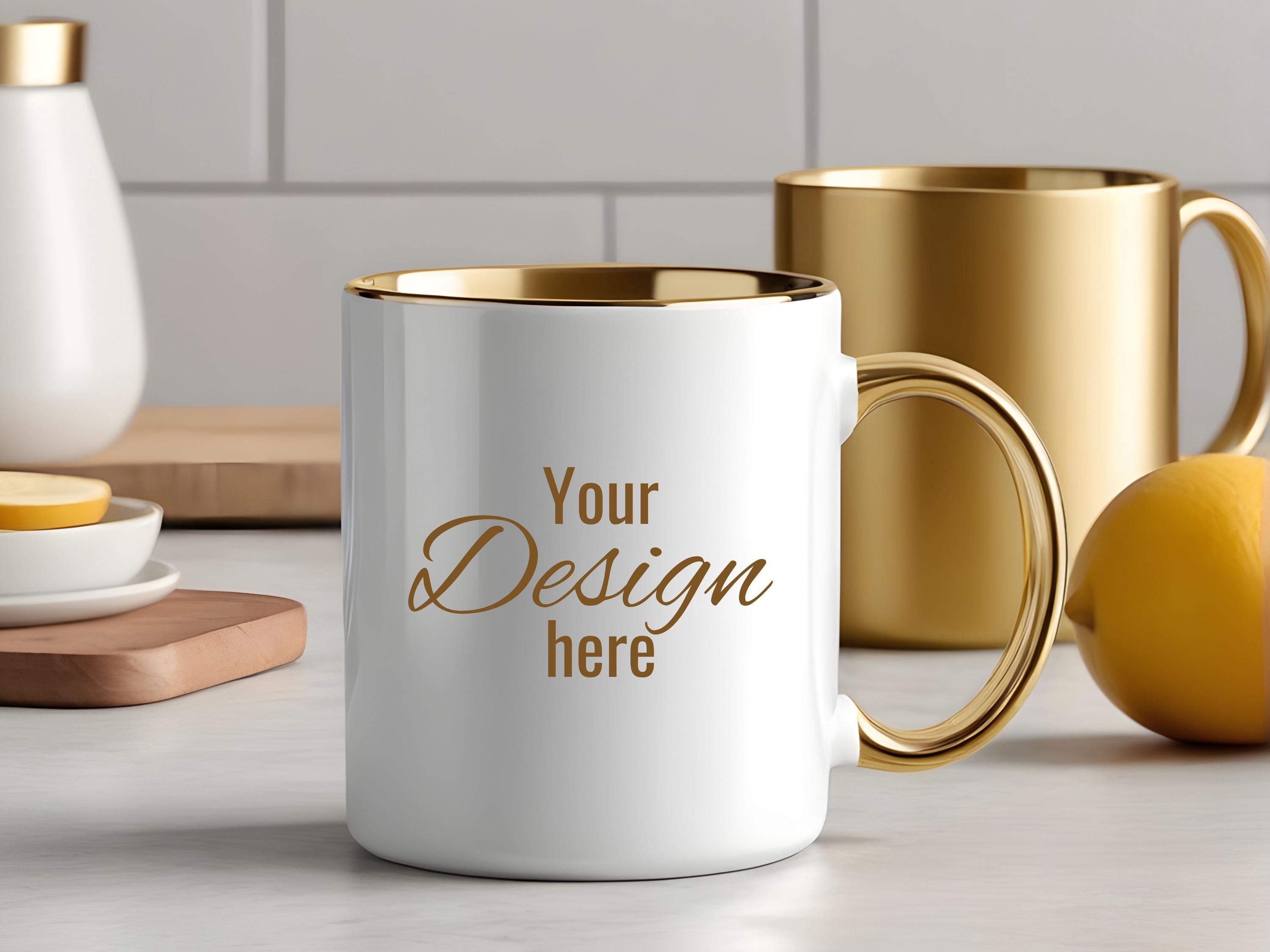 Luxury Gold Accent Mug Mockup. White Mug With Gold Handle. Two Tone Mug ...