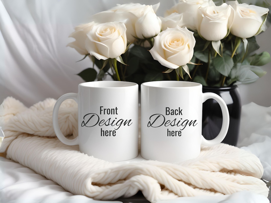 Two White Mugs Mockup for Print on Demand. White Ceramic Mug 11oz, Twin ...