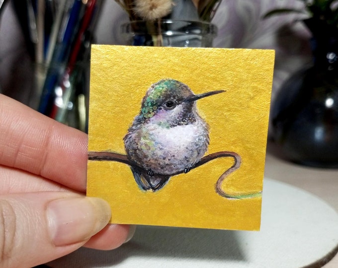 Hummingbird Painting 2x2 Inch Tiny Bird ORIGINAL Miniature Hand-painted ...