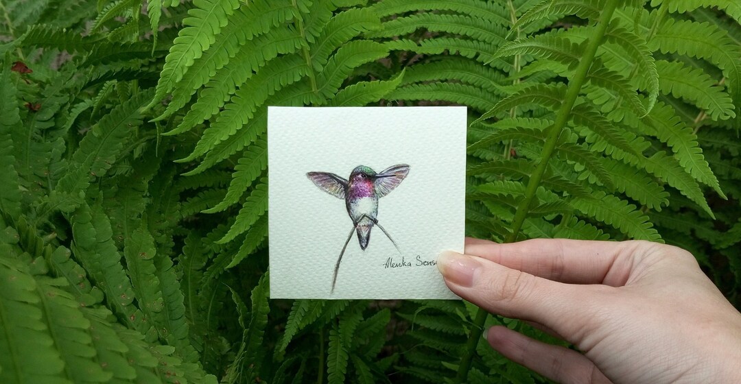 Hummingbird Tiny Art Mini Painting Miniature ORIGINAL Watercolor Wall ...