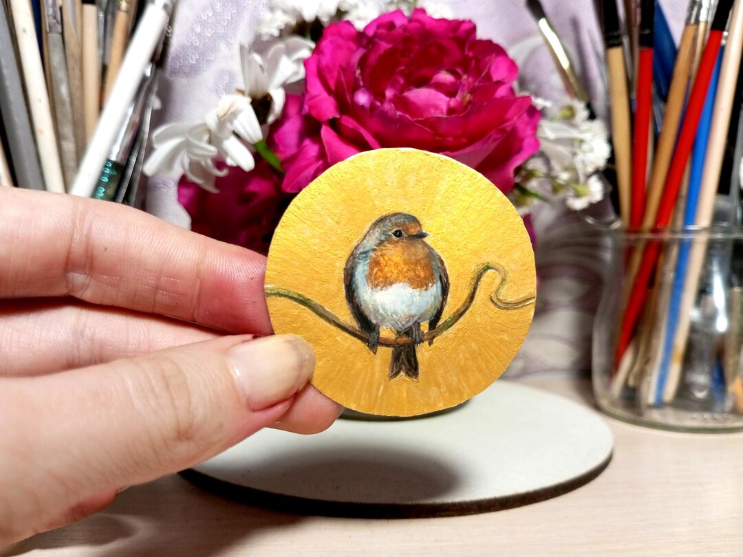 Mini Robin Painting ORIGINAL 2x2 Gold Leaf Realistic Bird Art Tiny ...