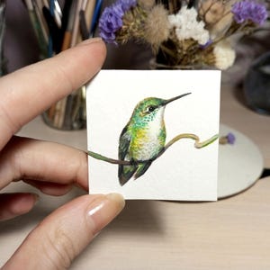 Small Hummingbird Painting 2x2 in Green Bird Hand-painted ORIGINAL ...