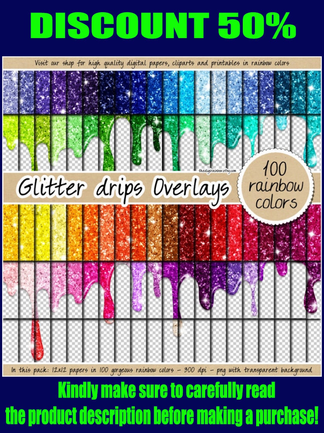 Seamless Glitter Drips Overlays Rainbow Glitter Digital Paper Dripping ...