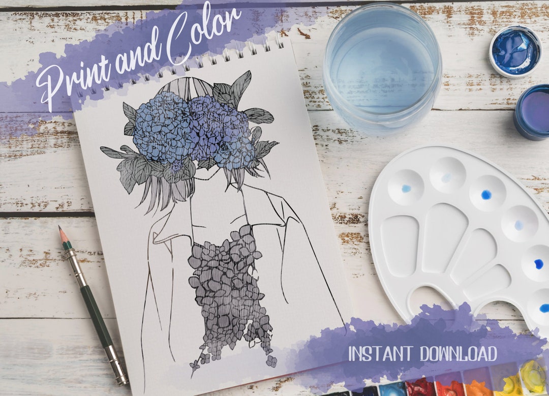 Floral Girl Printable Svg File Line Art for Coloring Clipart - Etsy