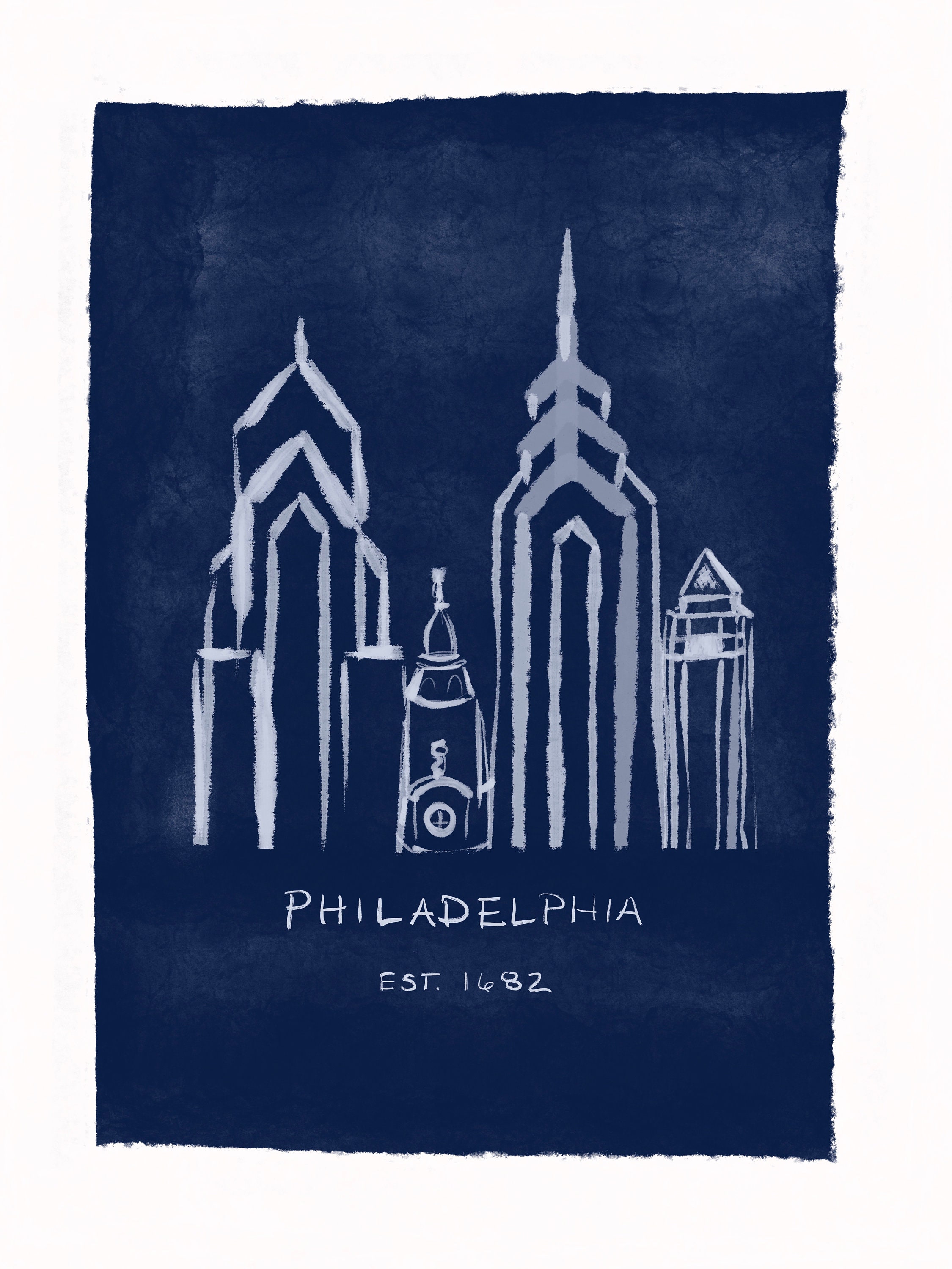 Blue Philadelpia Skyline Printable Art, Hand-drawn, Navy Blue, Light ...