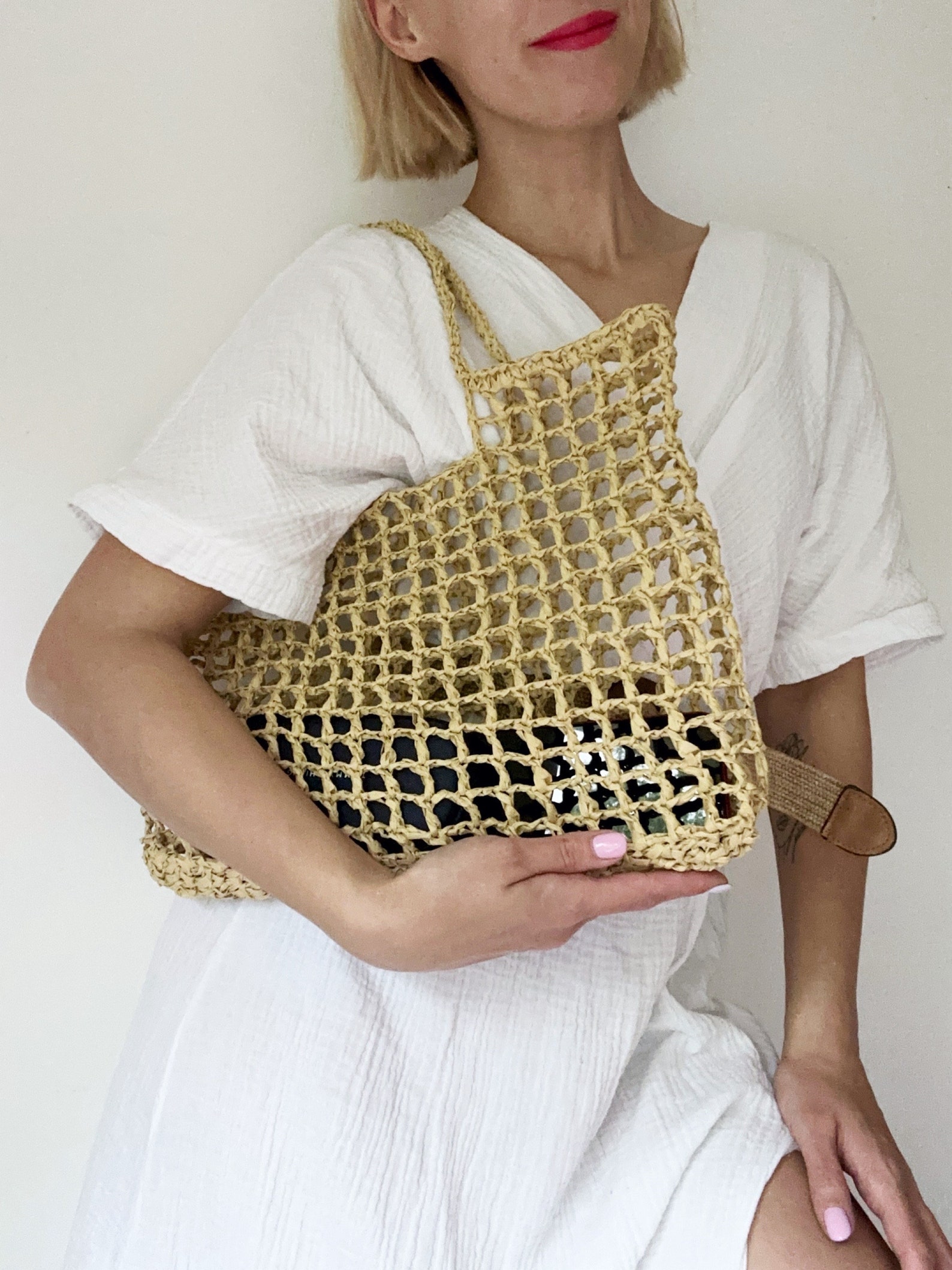 Beach Raffia Mesh Tote Bag, Natural Beige Paper Shoulder Bag, Vegan ...