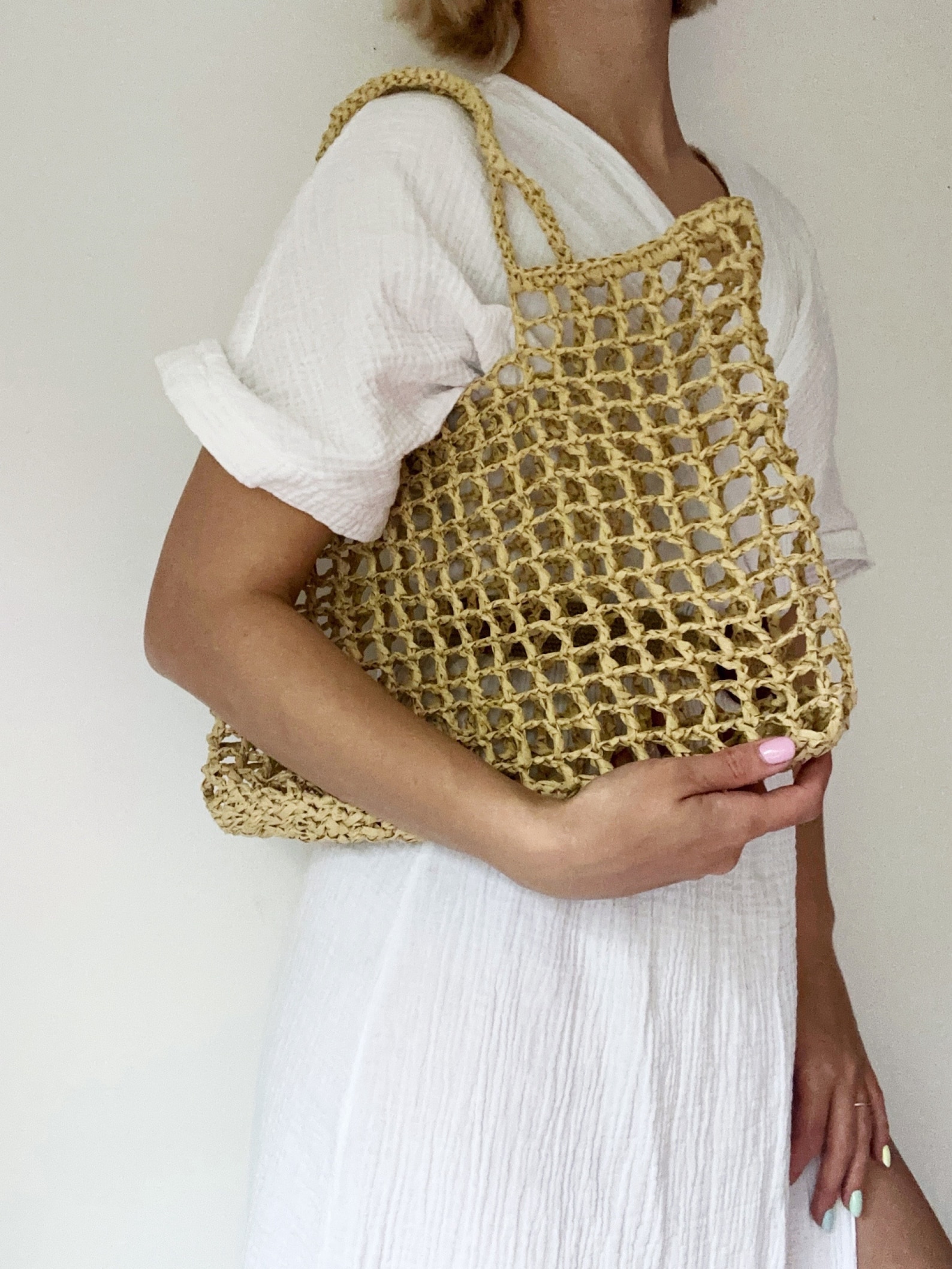 Beach Raffia Mesh Tote Bag, Natural Beige Paper Shoulder Bag, Vegan ...