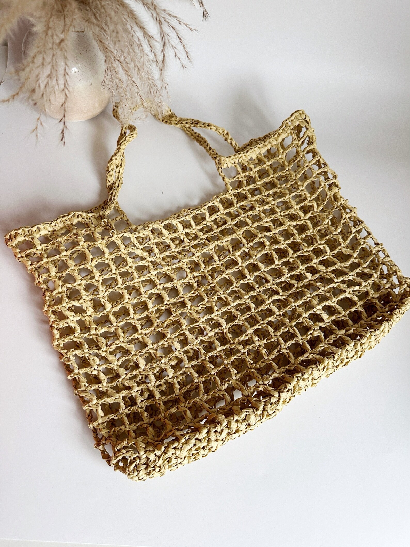 Beach Raffia Mesh Tote Bag, Natural Beige Paper Shoulder Bag, Vegan ...