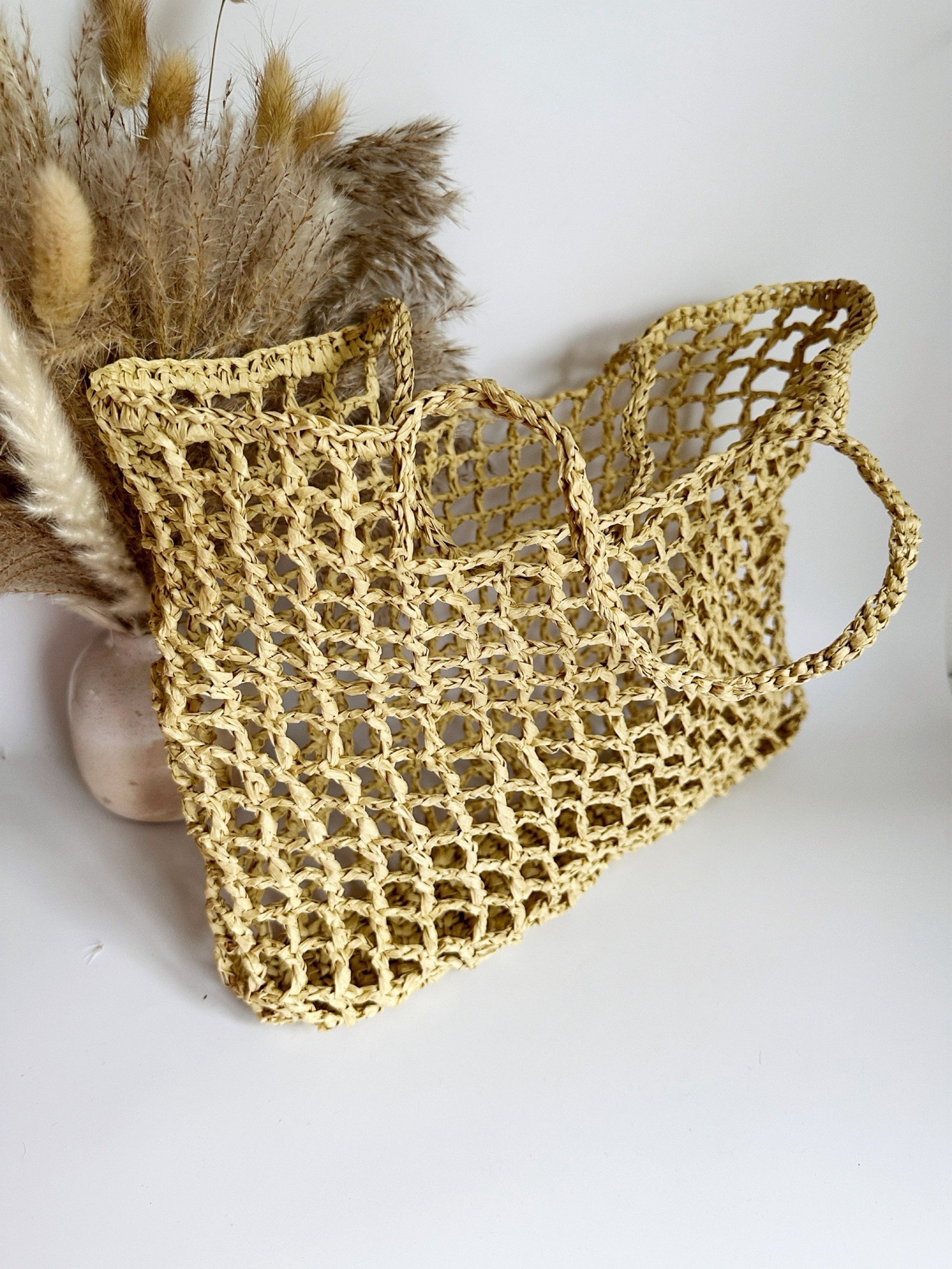 Beach Raffia Mesh Tote Bag, Natural Beige Paper Shoulder Bag, Vegan ...