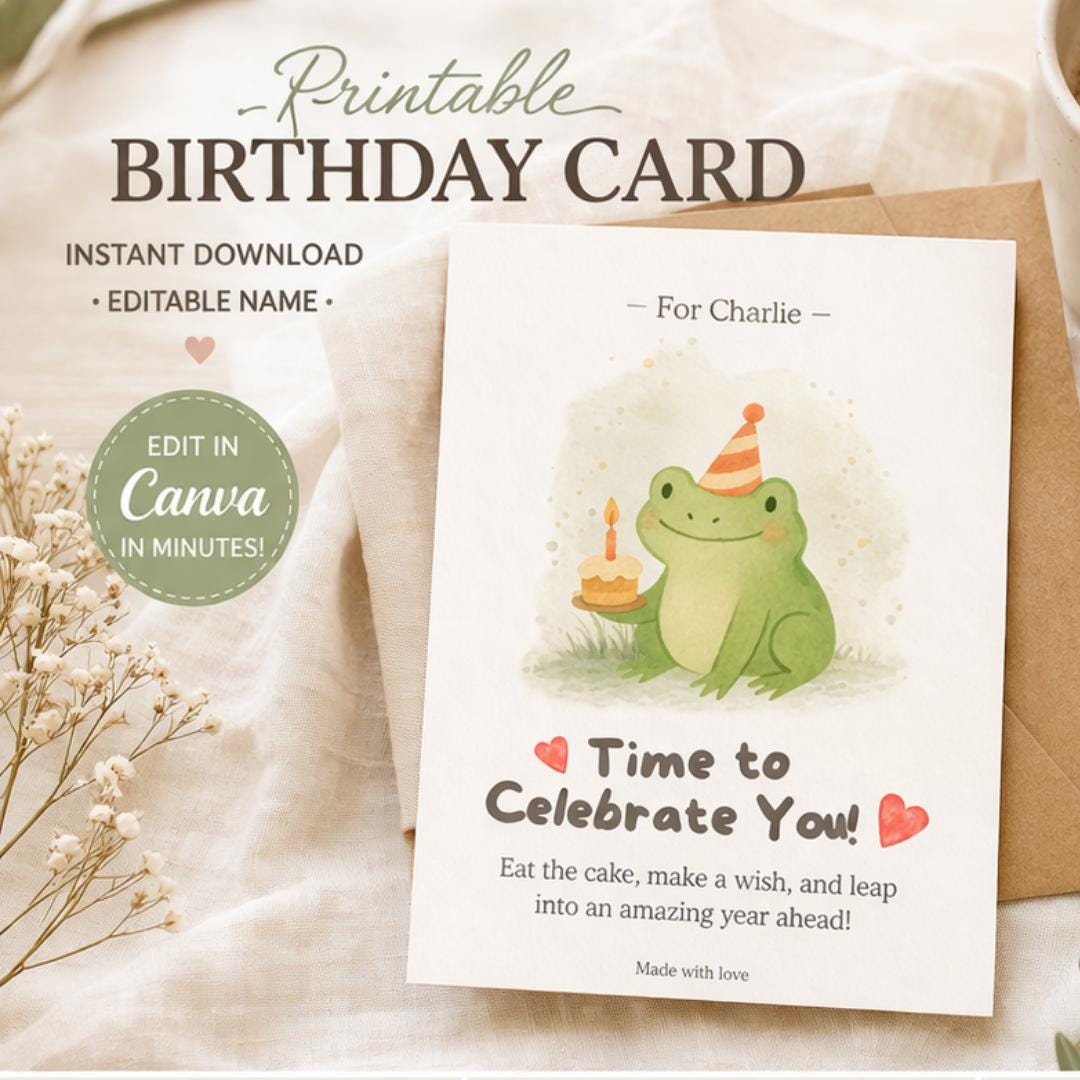Cute Frog Birthday Card Printable | Editable Name Canva Template | Kids ...