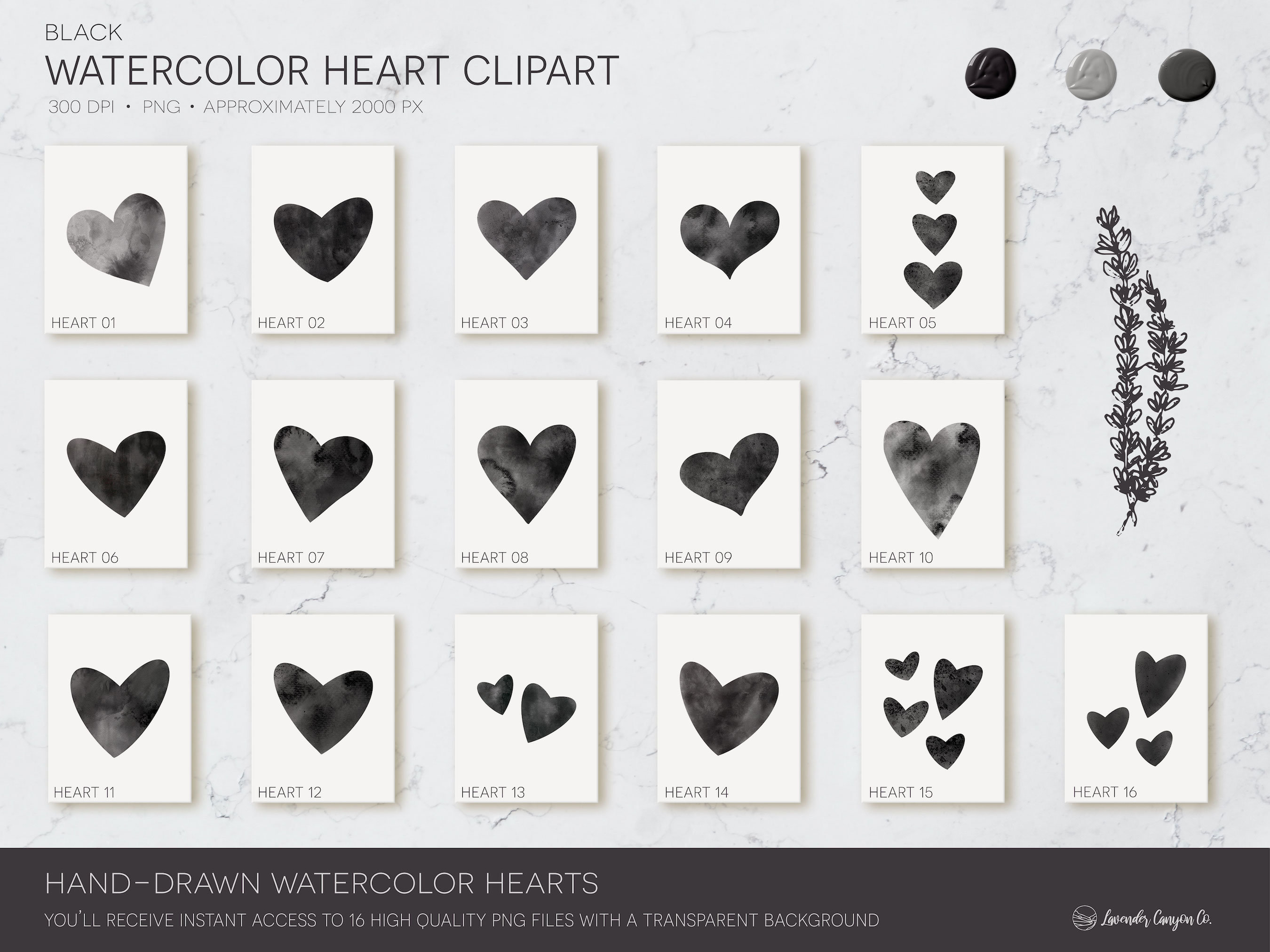 Watercolor Heart Black Clipart PNG, Black Digital Hand-drawn Valentine ...