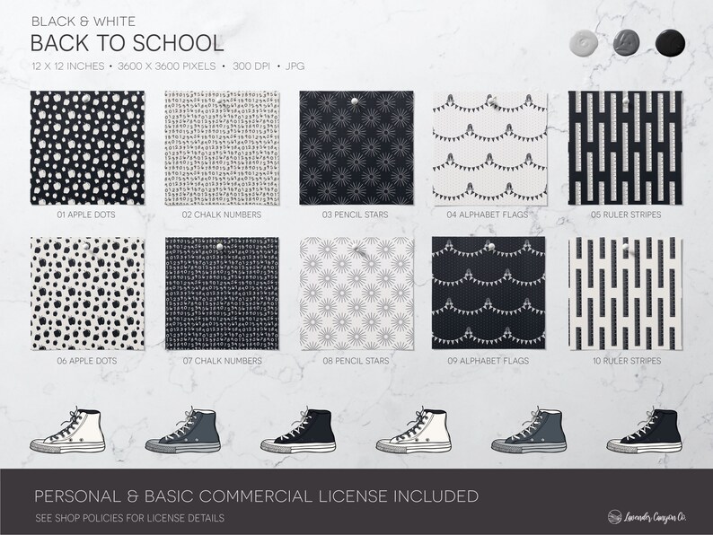 Back to School Digital Paper, Black & White, Seamless Patterns (instant ...