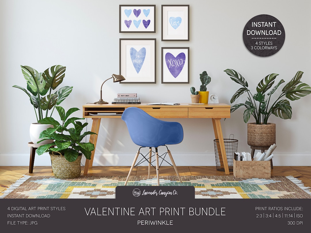 Watercolor Heart Art Print Bundle, Periwinkle Valentine Decor (digital ...